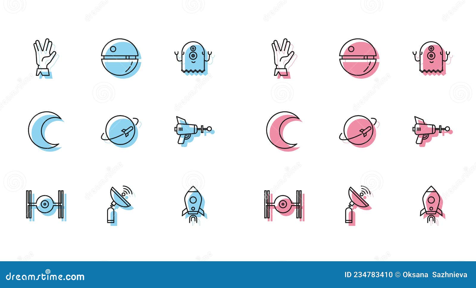 Set Line Cosmic Ship, Radar, Vulcan Salute, Rocket with Fire, Planet ... Set Line Cosmic Ship, Radar, Vulcan Salute, Rocket with Fire, Planet ...