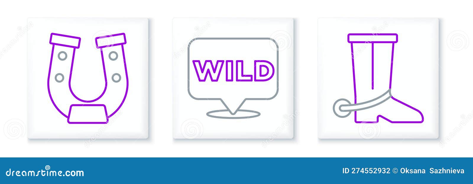 Set Line Cowboy Boot, Horseshoe and Pointer To Wild West Icon. Vector ...