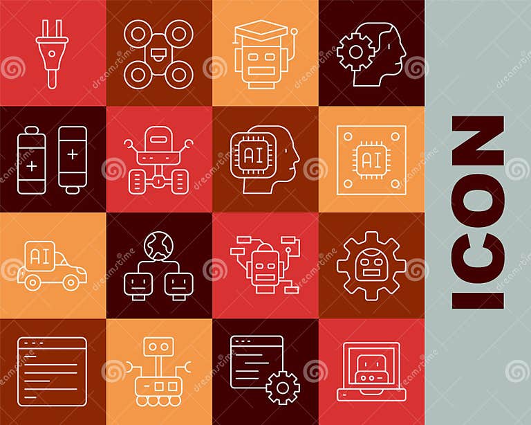 Set Line Creating Robot, Robot, Processor with Microcircuits CPU, Mars Rover, Battery, Electric ...