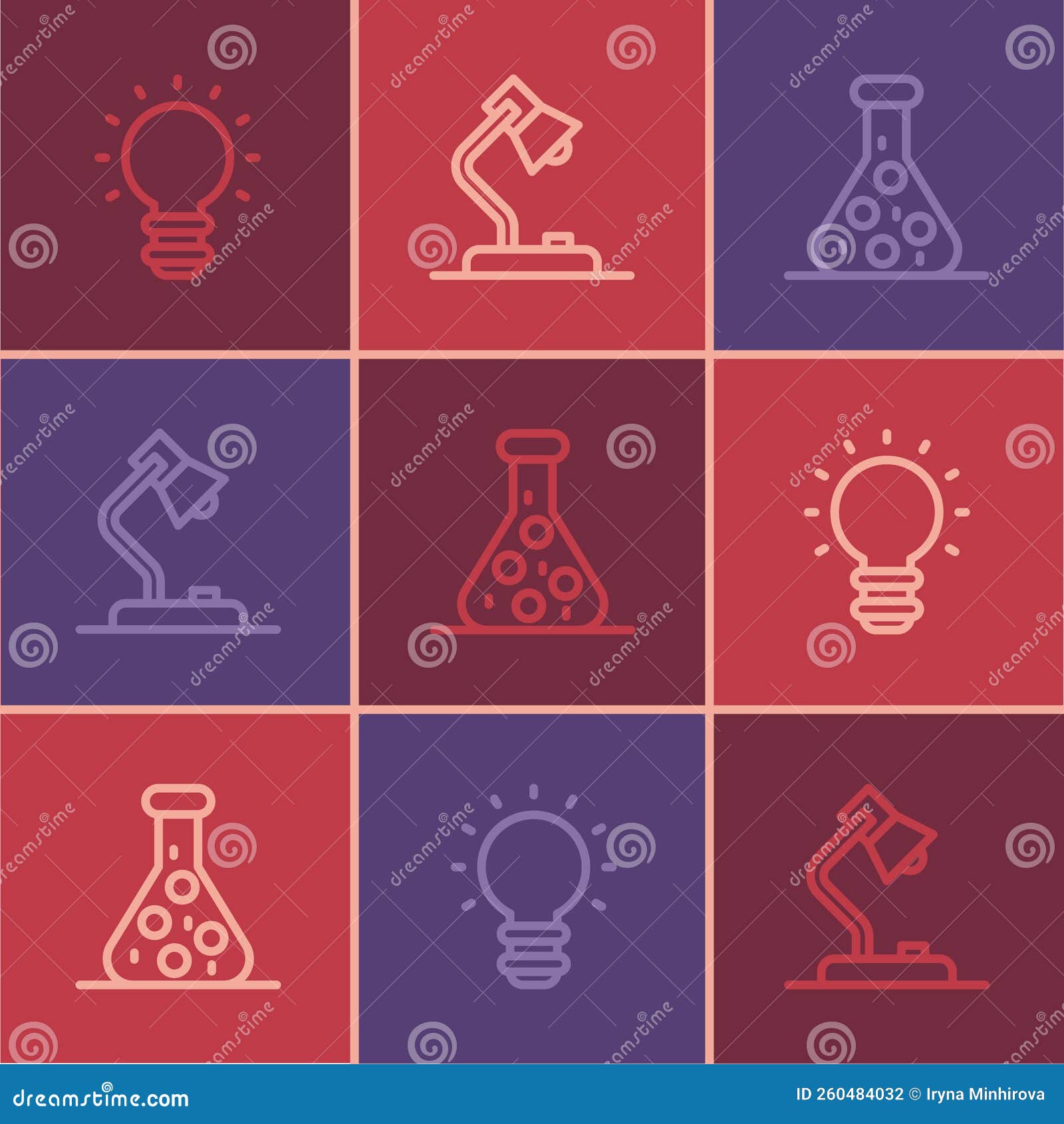 Set Line Creative Lamp Light Idea, Test Tube and Table Icon. Vector ...