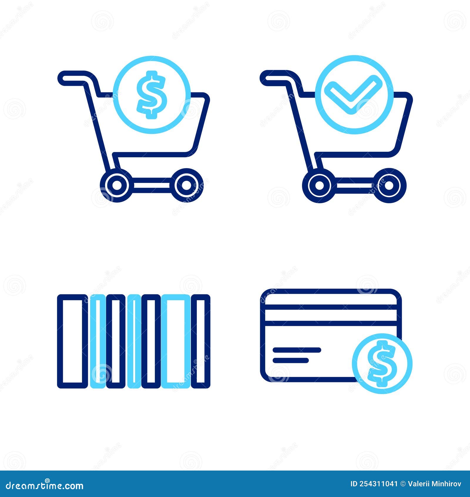 Set Line Credit Card and Dollar, Barcode, Shopping Cart with Check Mark ...