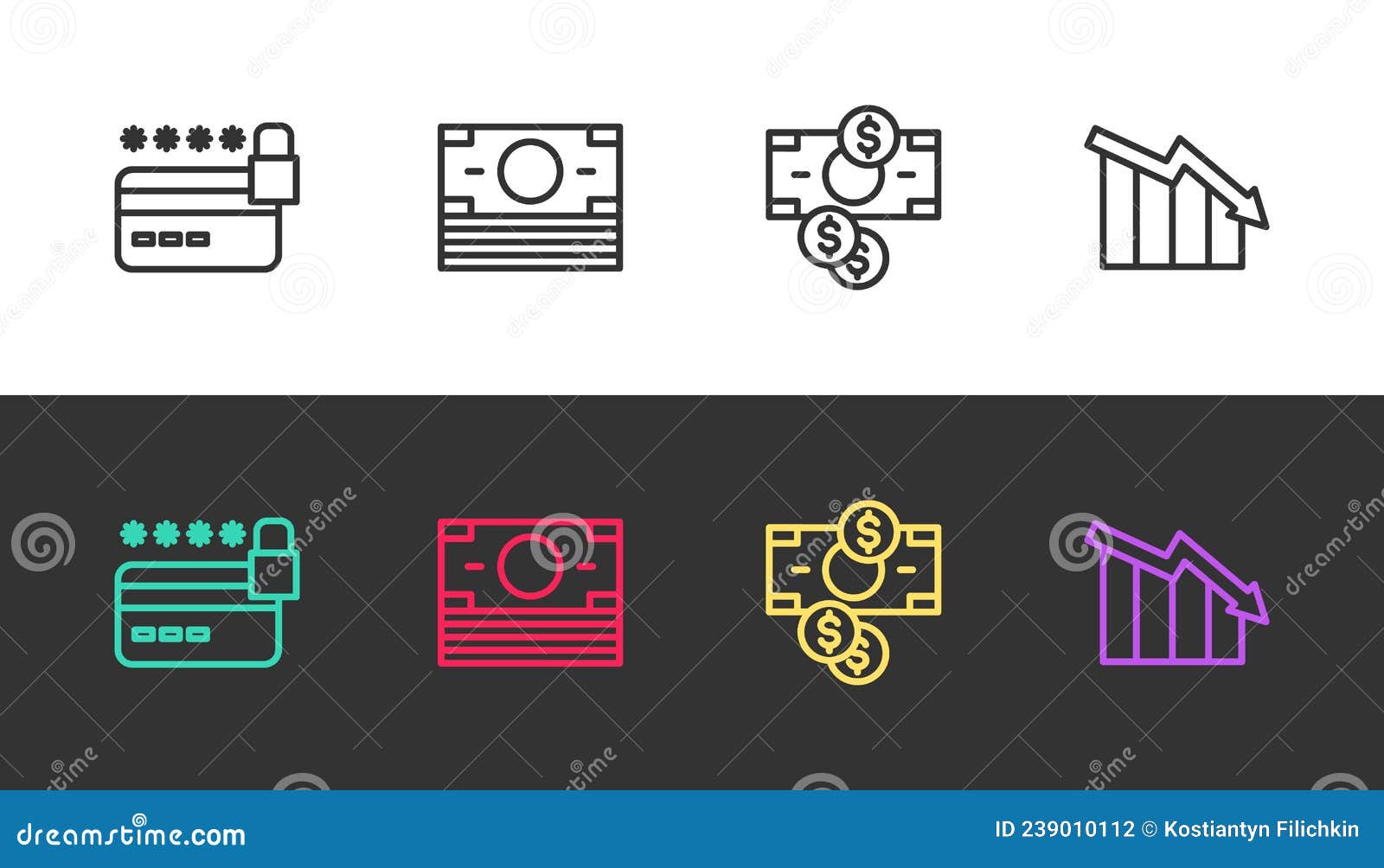 Set Line Credit Card with Lock, Stacks Paper Money Cash, and Financial Growth Decrease on Black ...