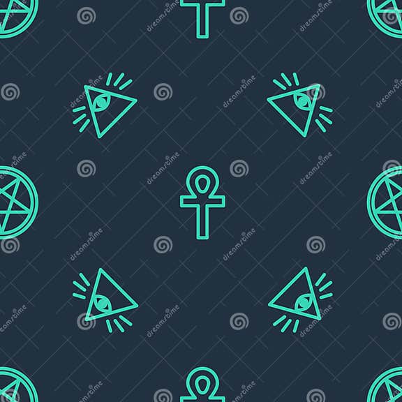 Set Line Cross Ankh, Masons and Pentagram in Circle on Seamless Pattern ...