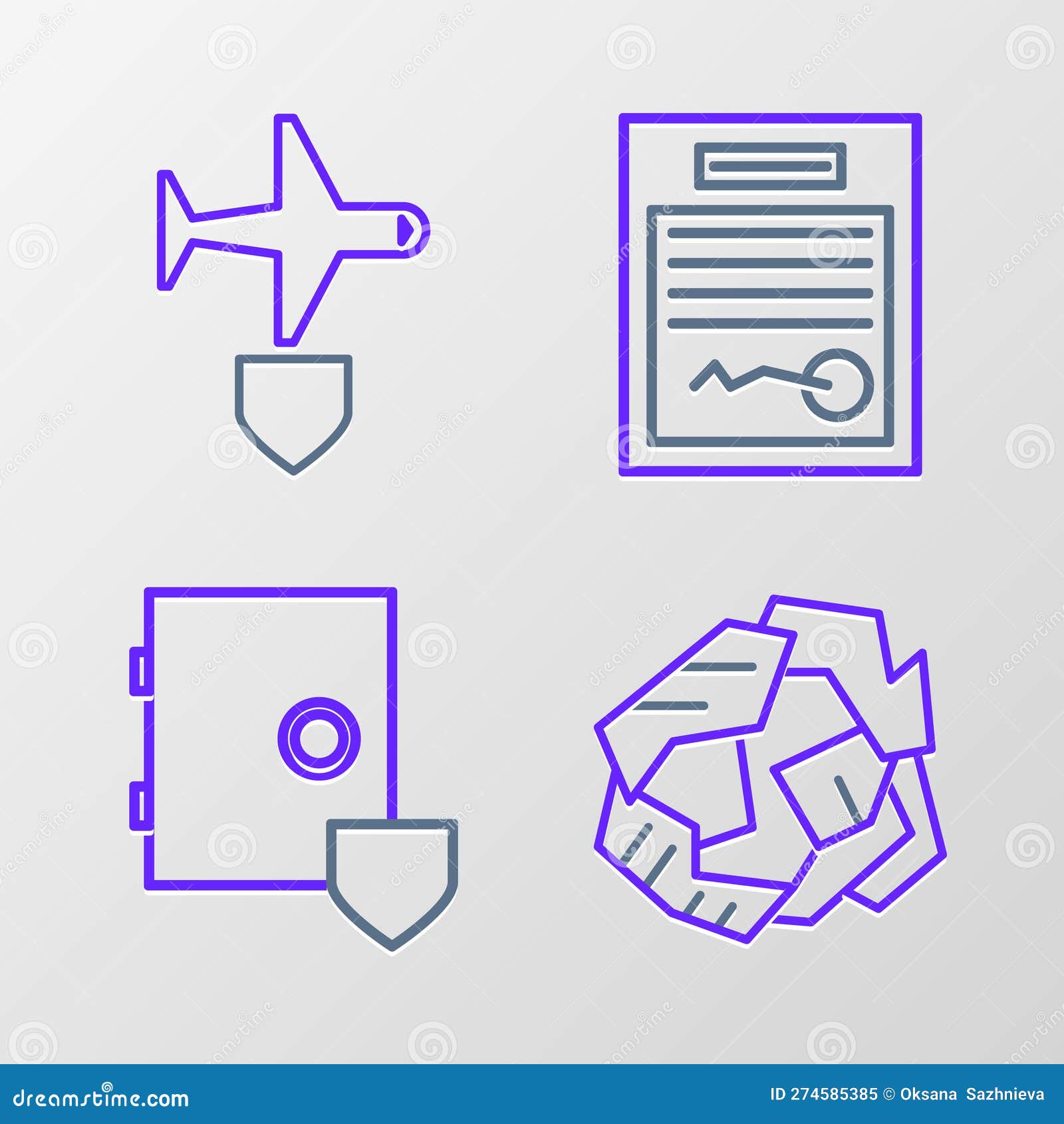 Set Line Crumpled Paper Ball, Safe with Shield, Filled Form and Plane ...
