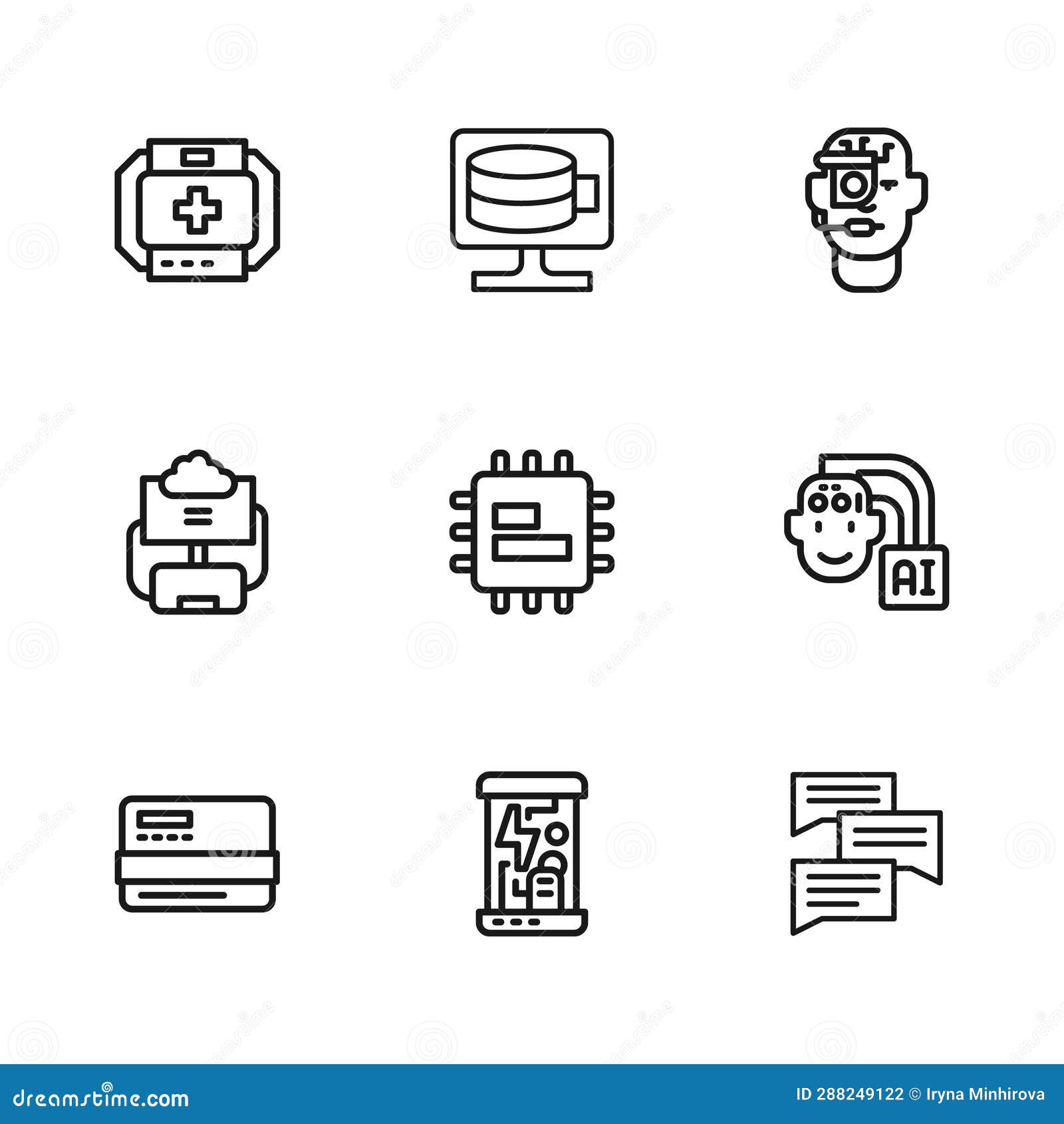 Set Line Cryogenic Capsules, Humanoid Robot, Speech Bubble Chat ...