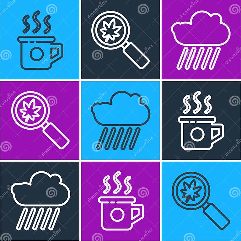 Set Line Cup of Tea, Cloud with Rain and Magnifying Glass with Leaf ...