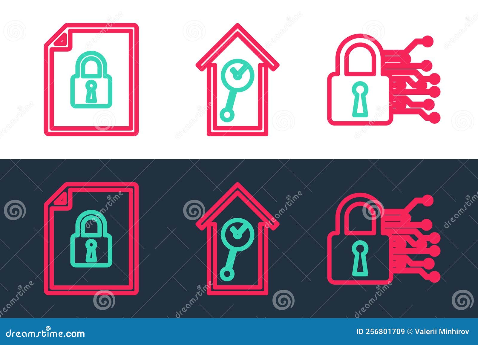 Set Line Cyber Security, Document and Lock and Retro Wall Watch Icon ... Set Line Cyber Security, Document and Lock and Retro Wall Watch Icon ...