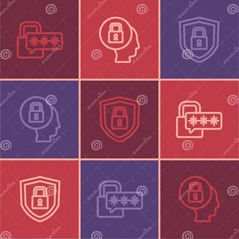 Set Line Cyber Security, Shield with Lock and Lock Icon. Vector Stock ...