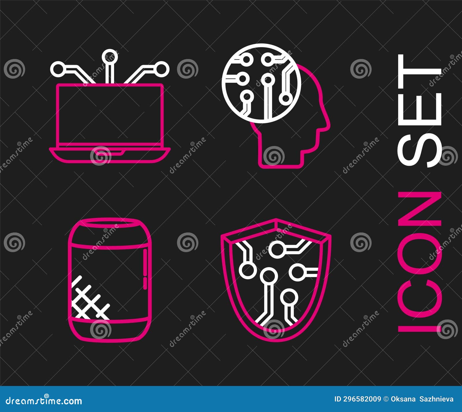 Set Line Cyber Security, Voice Assistant, Human Brain Digital Circuit ...