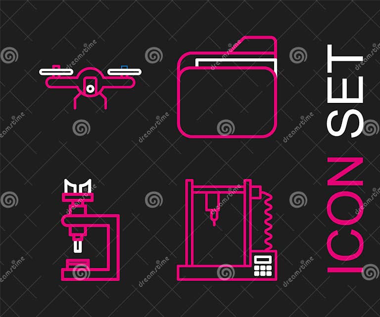 Set Line 3D Printer, Microscope, Document Folder and Drone Flying Icon ...