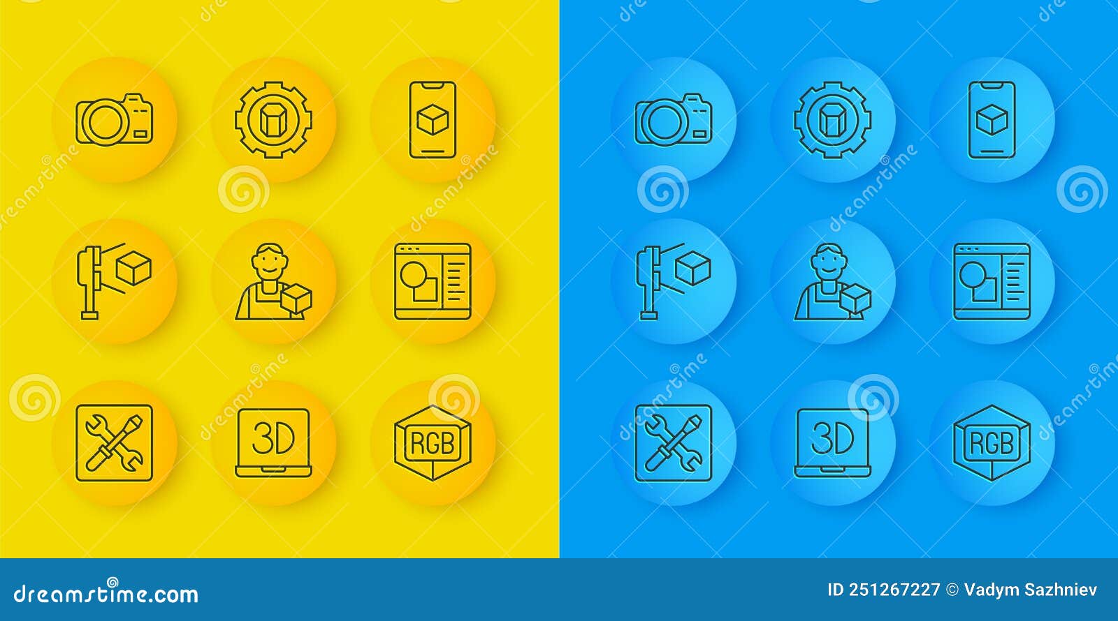 Set Line 3D Printer Setting, Scanner with Cube, Graphic Designer, RGB ...