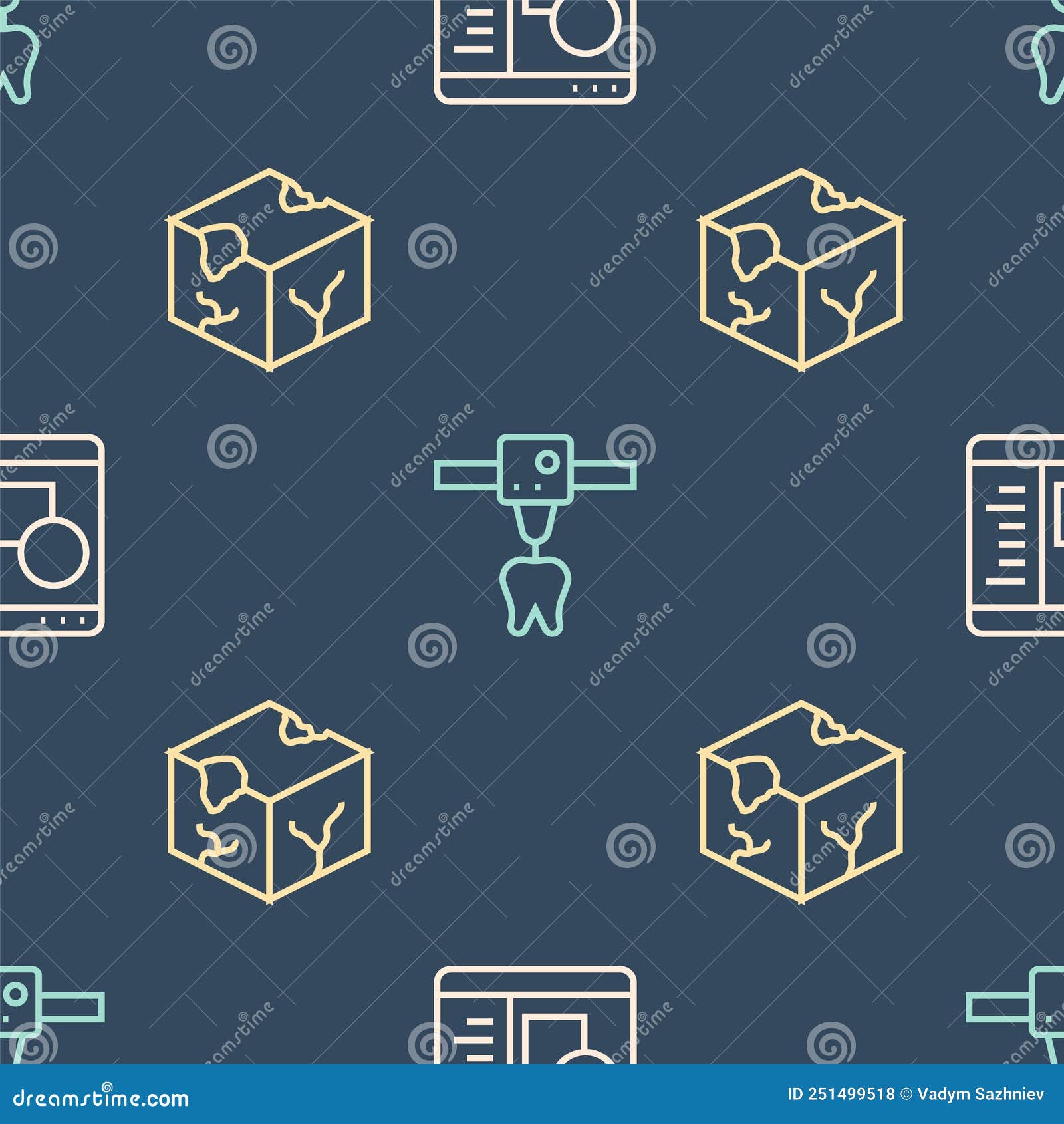 Set Line 3D Printer Software, Isometric Cube and Tooth on Seamless ...