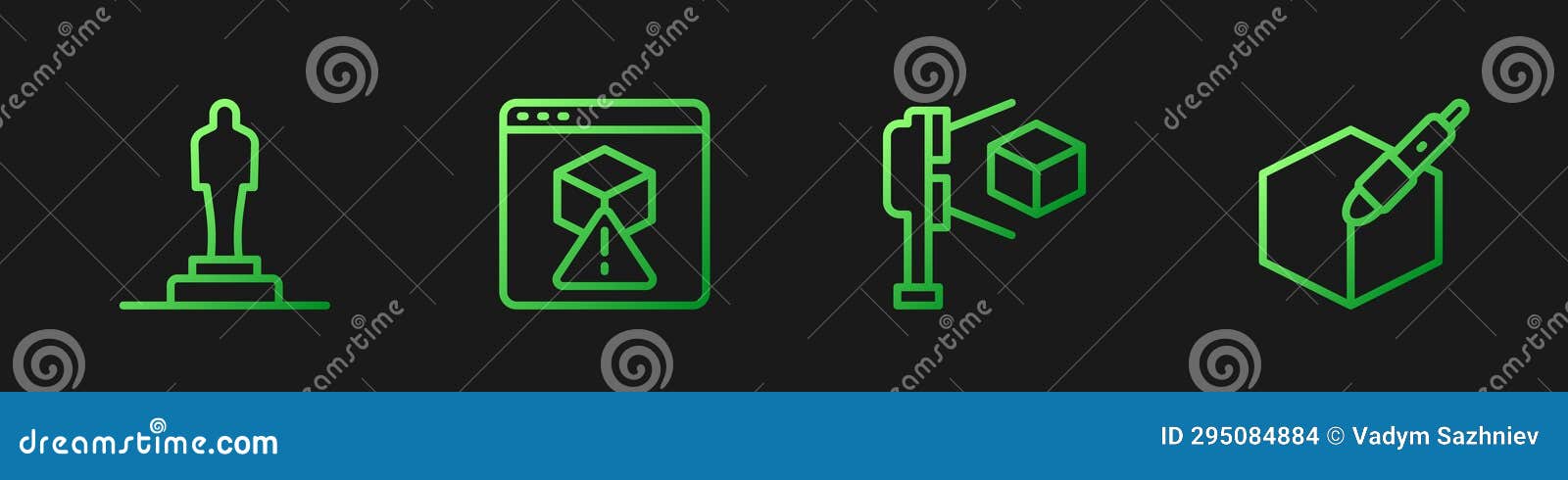 Set Line 3D Scanner with Cube, Printer Model, and 3d Pen Tool. Gradient ...