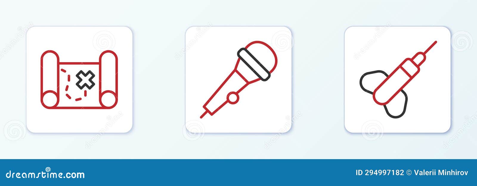 Set Line Dart Arrow, Pirate Treasure Map and Microphone Icon. Vector ...