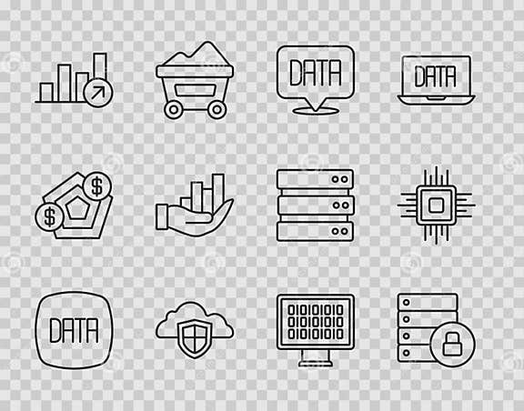 Set Line Data Analysis, Server Security with Padlock, Cloud and Shield, Financial Growth, Pie ...
