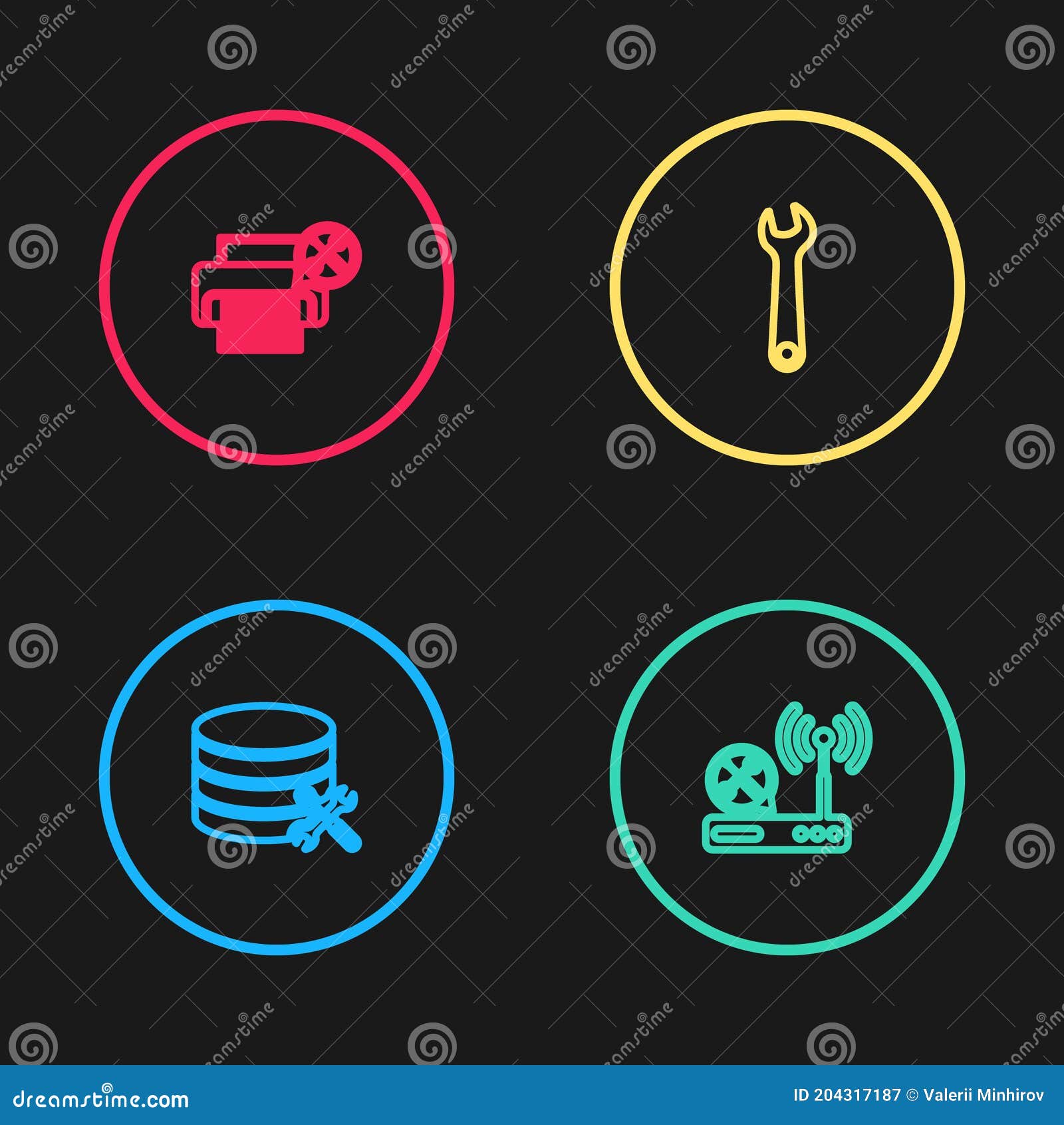 Set Line Database Server Service, Router Wi-fi, Wrench and Printer Icon. Vector Stock Vector ...
