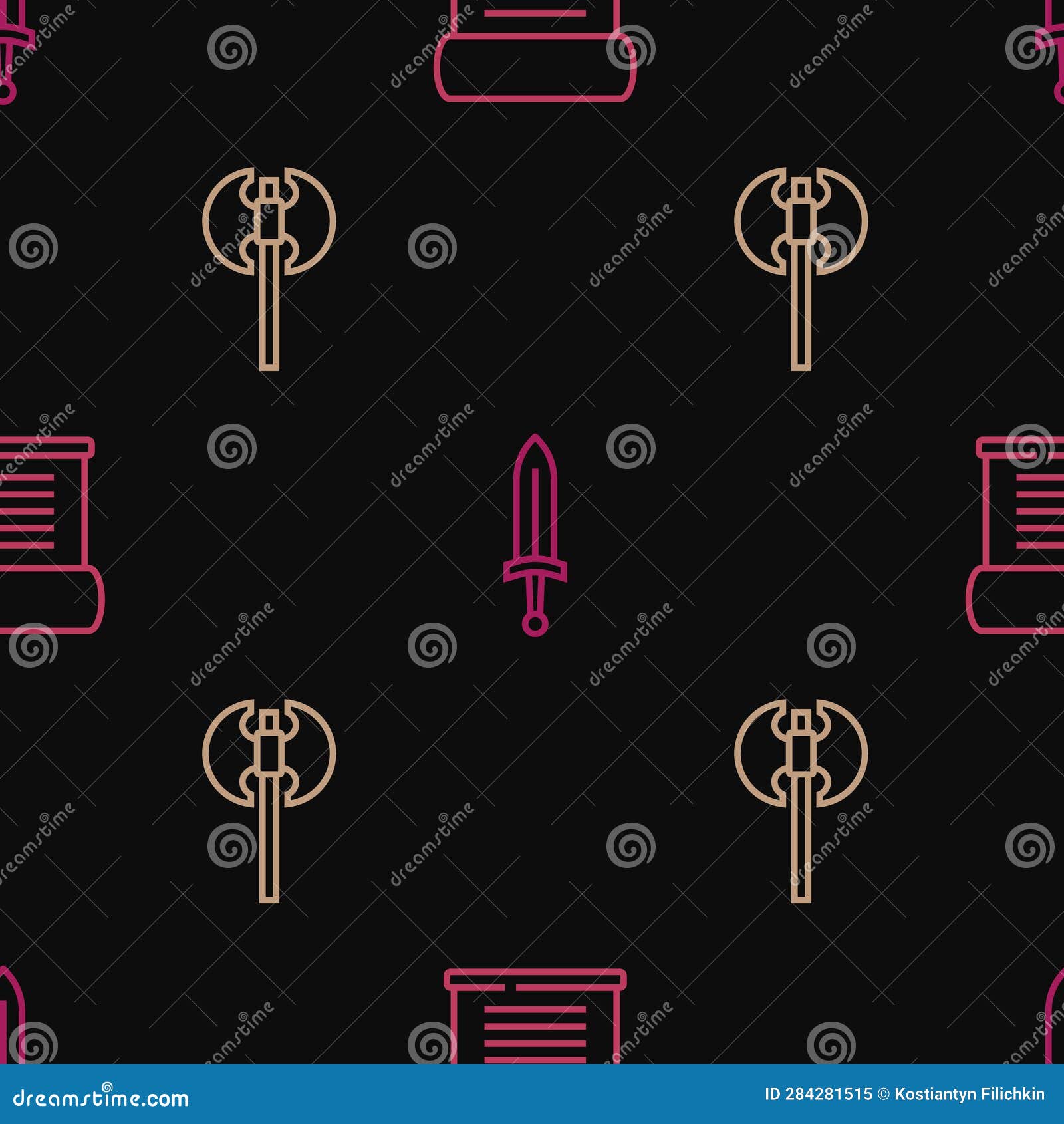 Set Line Decree, Parchment, Scroll, Medieval Axe and Sword on Seamless ...
