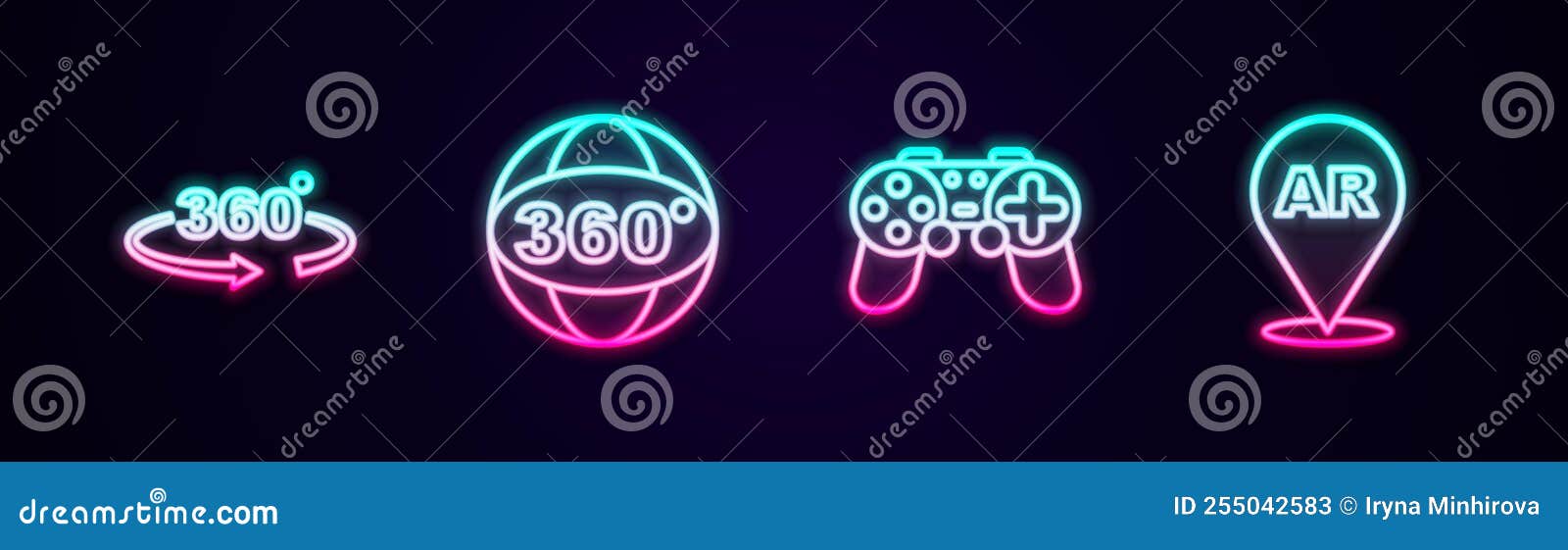 Set Line 360 Degree View, Gamepad and Augmented Reality AR. Glowing ...