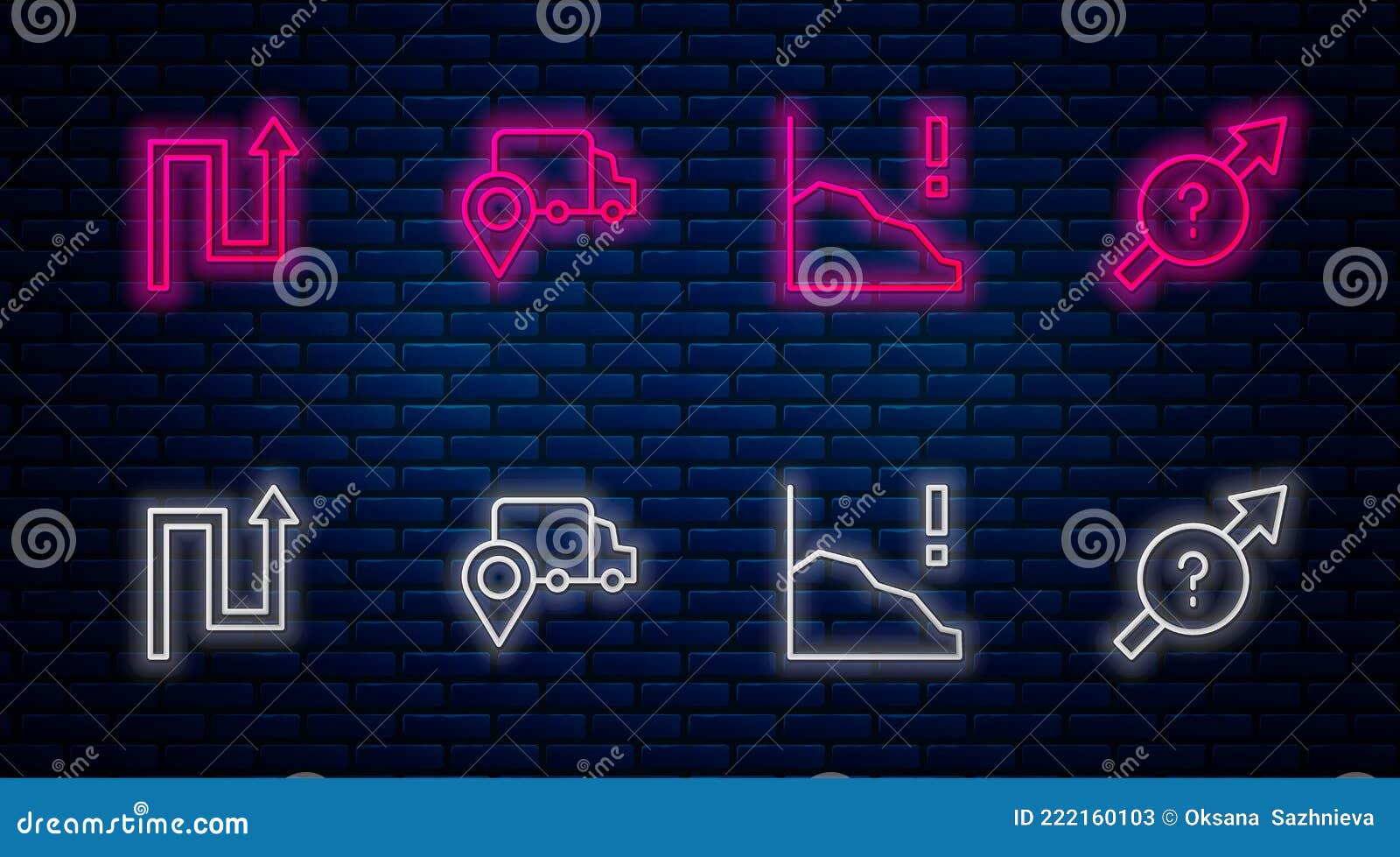 Set Line Delivery Tracking, Financial Growth Decrease, Arrow and . Glowing Neon Icon on Brick ...