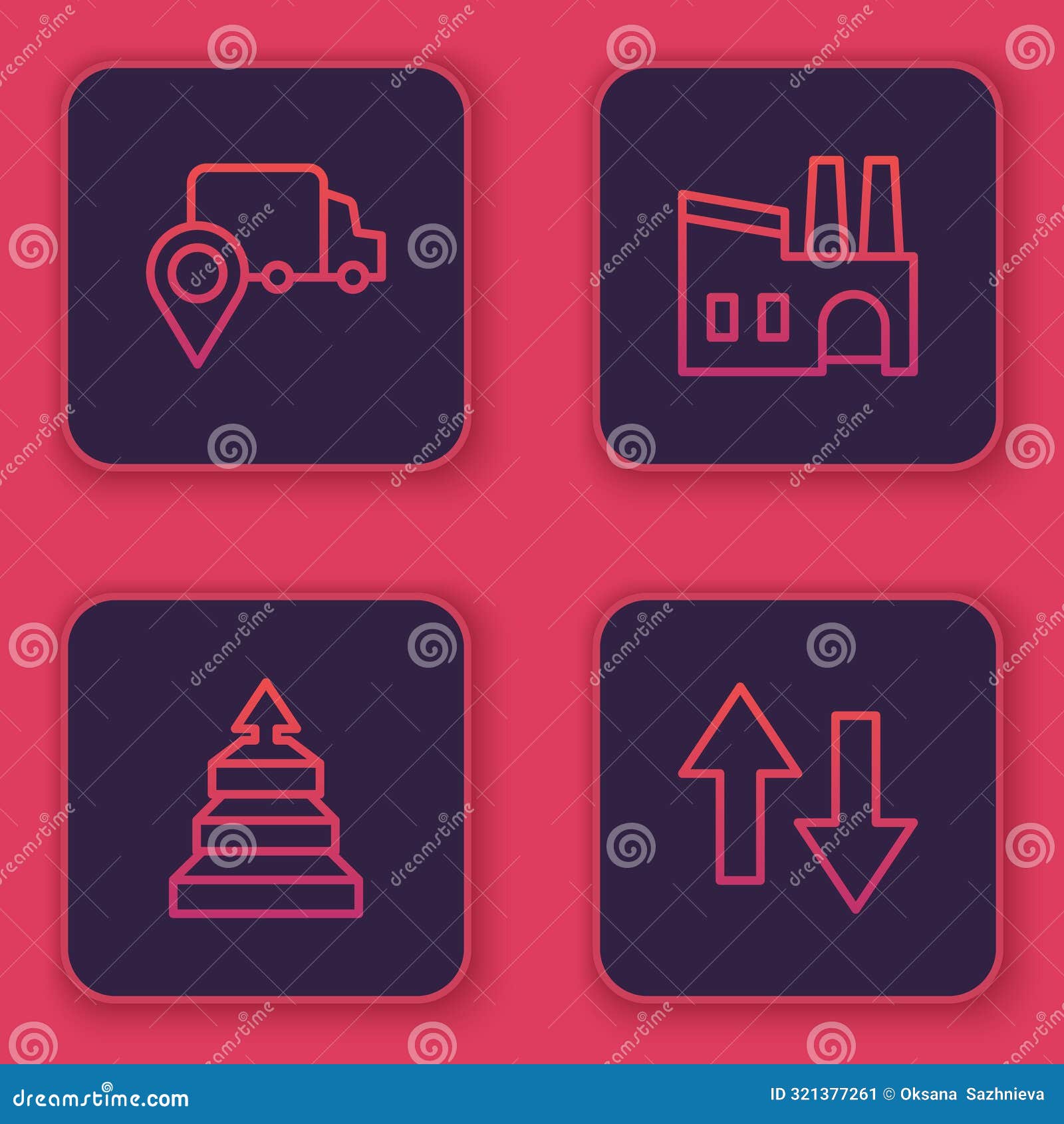 Set Line Delivery Tracking, Pyramid Chart Infographics, Factory and Arrow. Blue Square Button ...