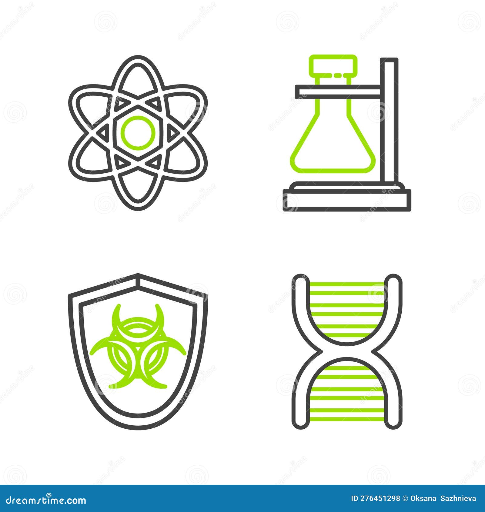 Set Line DNA Symbol, Biohazard on Shield, Test Tube Flask Stand and ...