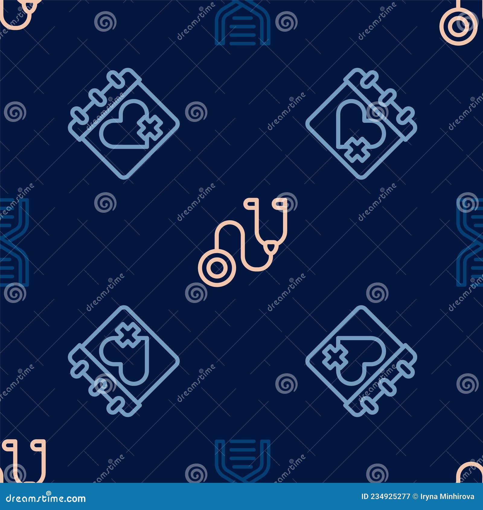 Set Line DNA Symbol, Doctor Appointment and Stethoscope on Seamless ...