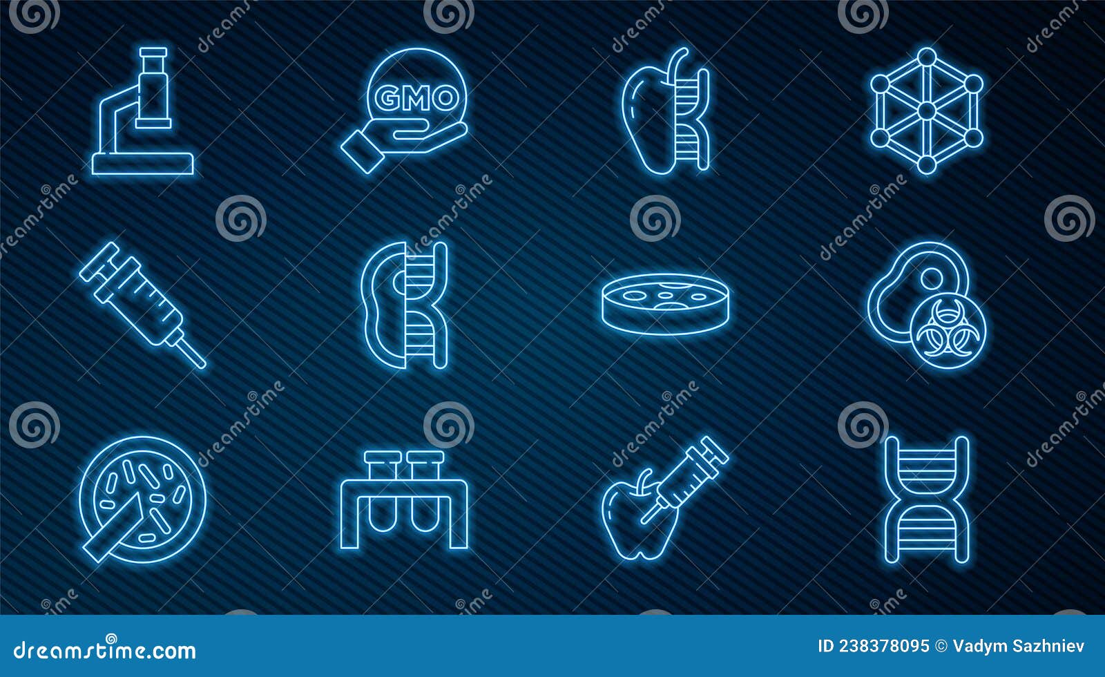 Set Line DNA Symbol, Genetically Modified Meat, Apple, Syringe ...