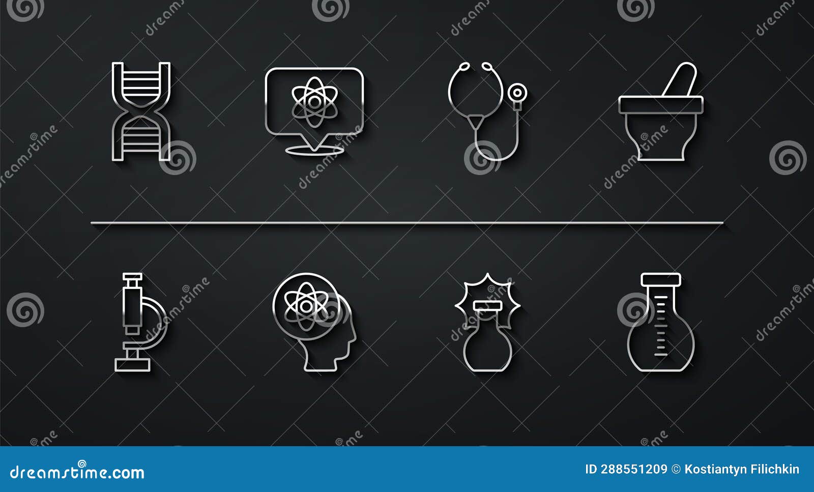 Set Line DNA Symbol, Microscope, Mortar and Pestle, Explosion in the ...