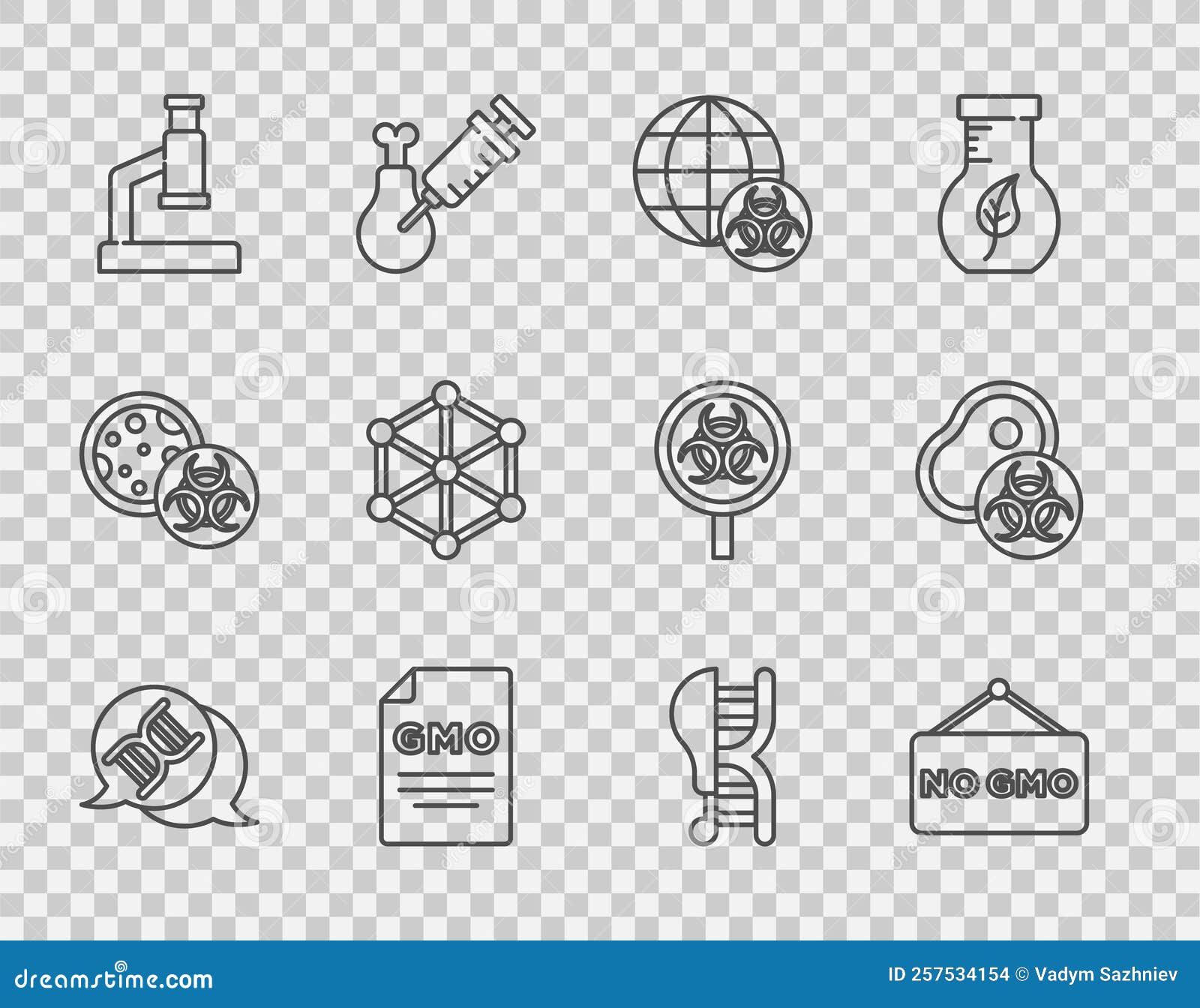 Set Line DNA Symbol, No GMO, Microscope, Genetically Modified Chicken ...