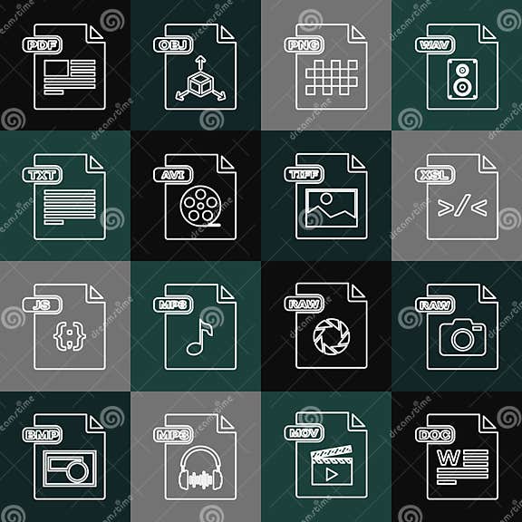 Set Line DOC File Document, RAW, XSL, PNG, AVI, TXT, PDF and TIFF Icon ... Set Line DOC File Document, RAW, XSL, PNG, AVI, TXT, PDF and TIFF Icon ...