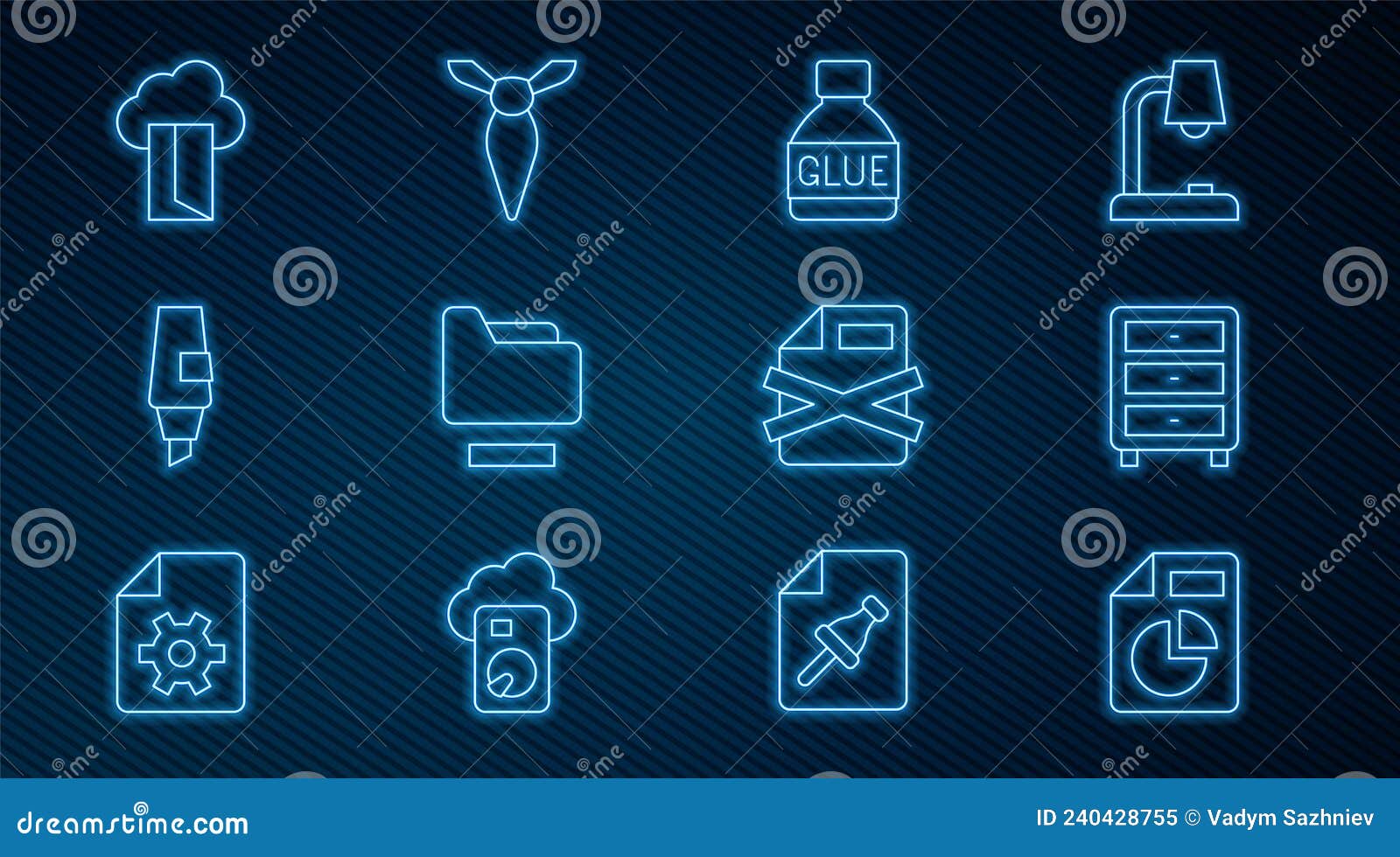 Set Line Document With Graph Chart Archive Papers Drawer Glue Folder Marker Pen Cloud