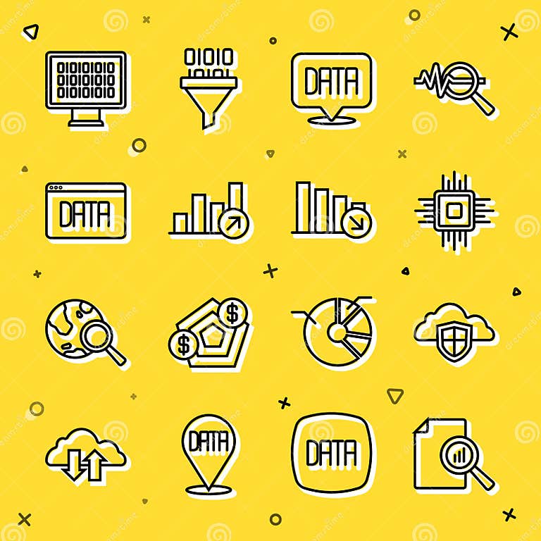 Set Line Document with Graph Chart, Cloud and Shield, Processor CPU, Data Analysis, Financial ...