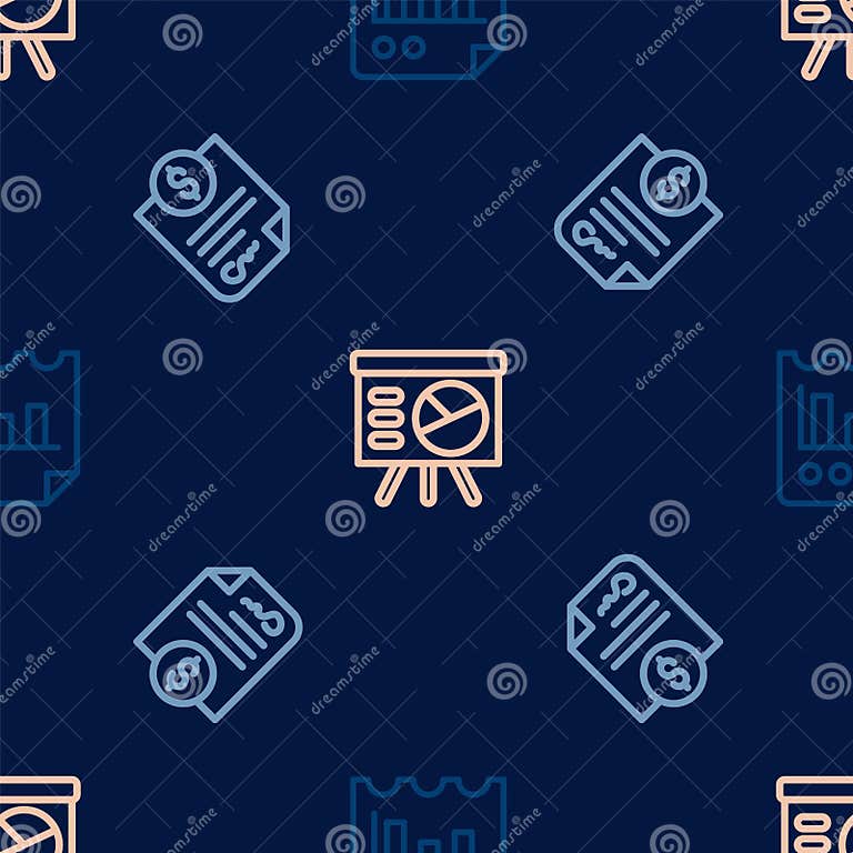 Set Line Document with Graph Chart, Contract Money and Board on Seamless Pattern. Vector Stock ...