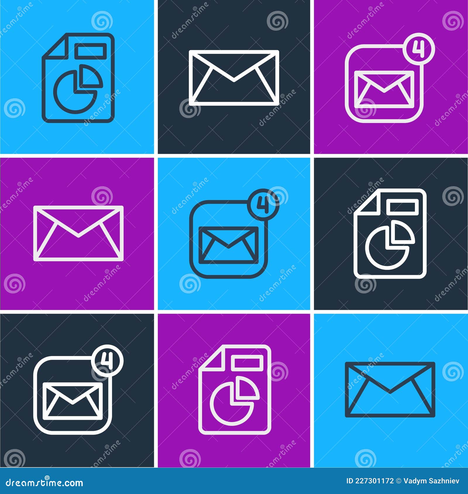 Set Line Document with Graph Chart, Envelope and Mail and E-mail Icon ...