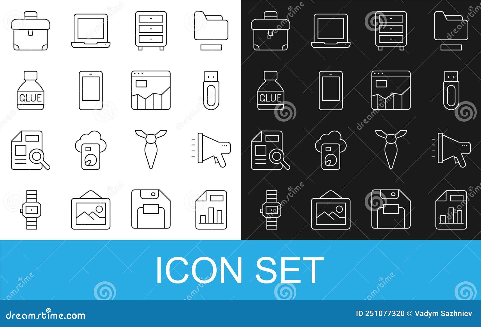 Set Line Document With Graph Chart Megaphone Usb Flash Drive Archive Papers Drawer Mobile