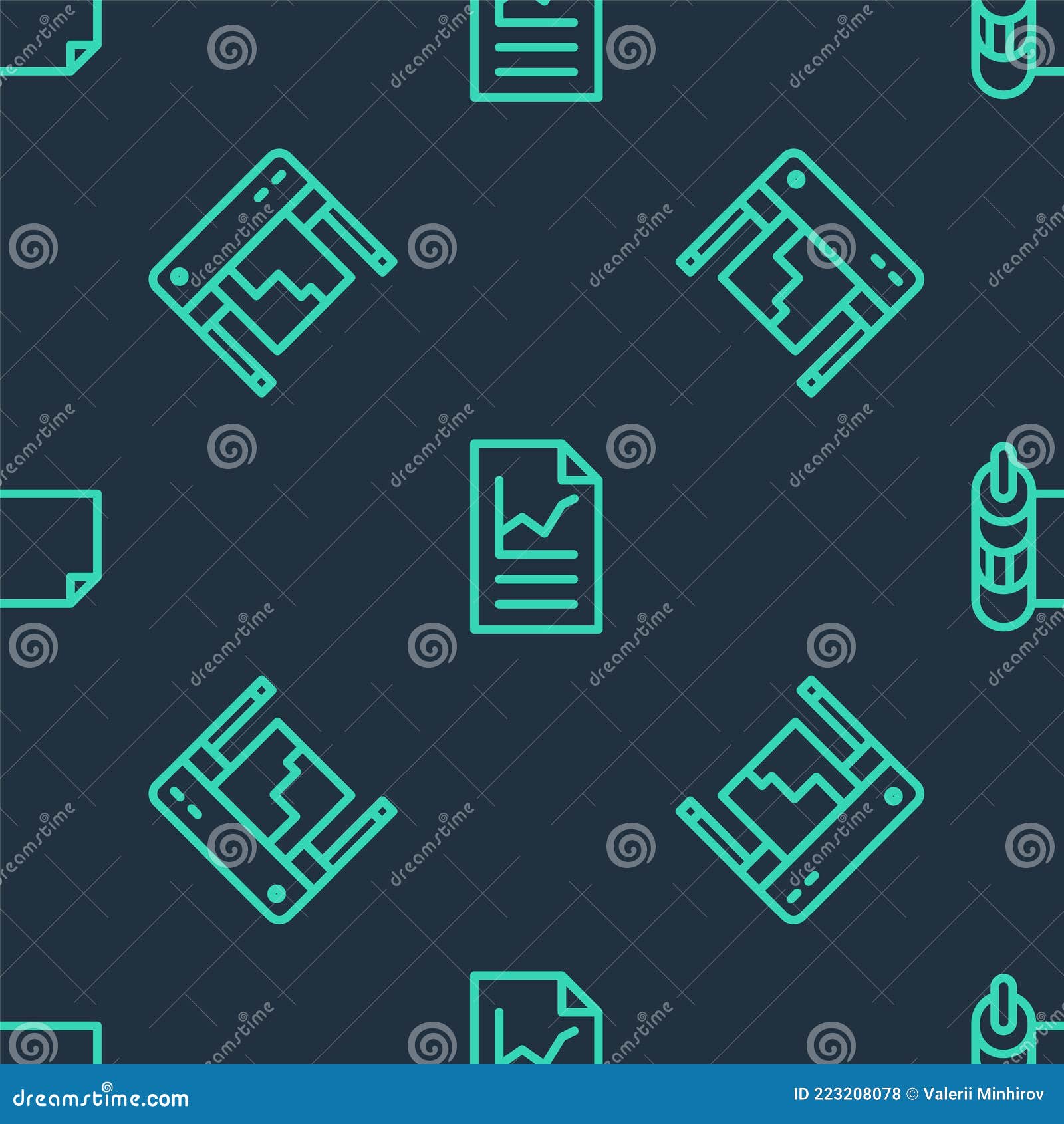 Set Line Document with Graph Chart, Plotter and Roll of Paper on Seamless Pattern. Vector Stock ...