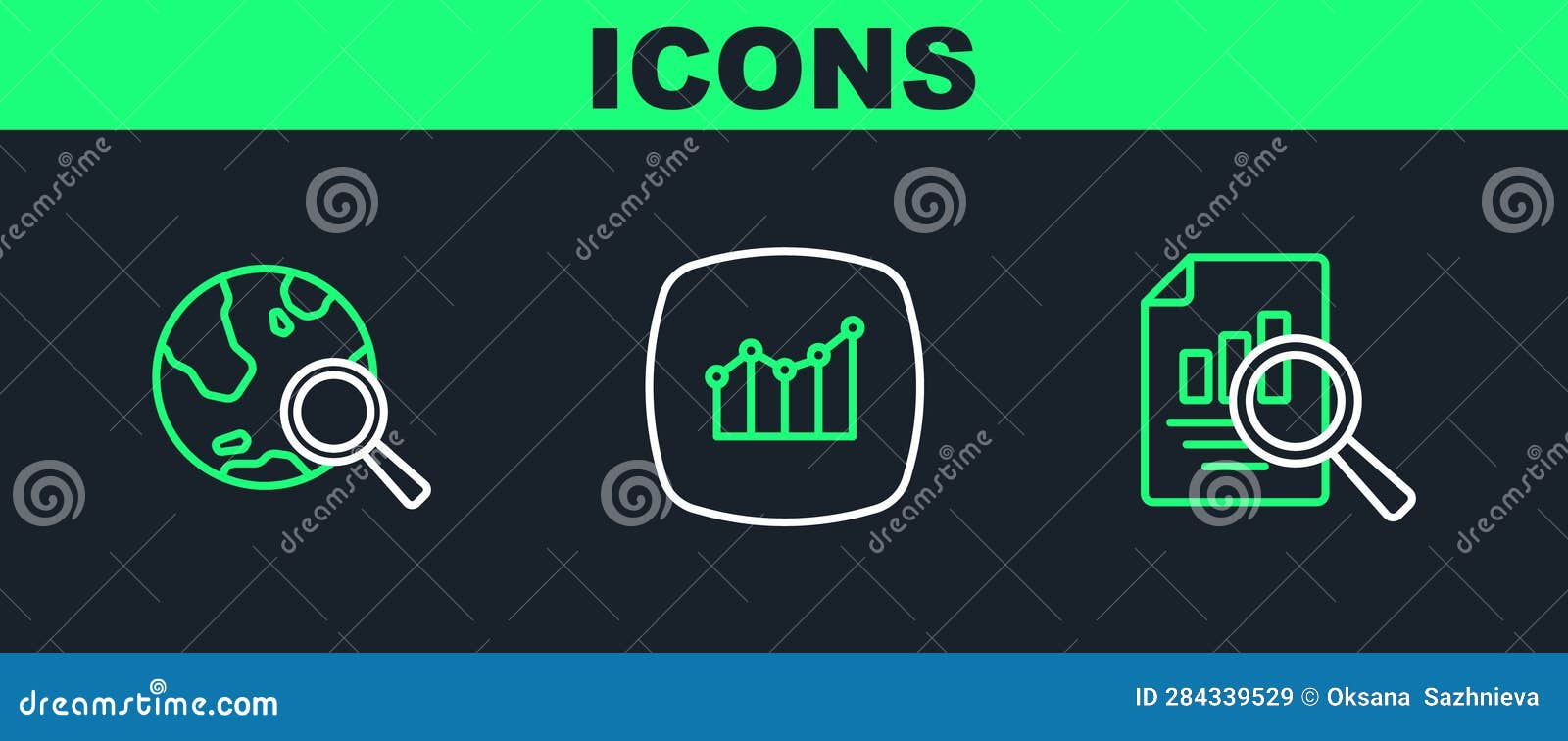 Set Line Document with Graph Chart, Search Globe and Financial Growth Icon. Vector Stock ...