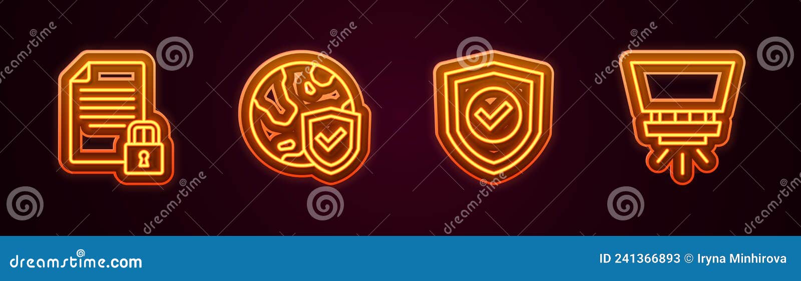 Set Line Document and Lock, Shield with World Globe, Check Mark and ...