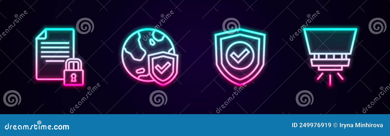 Set Line Document and Lock, Shield with World Globe, Check Mark and ...