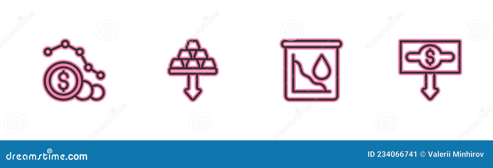 Set Line Dollar Rate Decrease, Drop in Crude Oil Price, Gold Bars and Icon. Vector Stock Vector ...