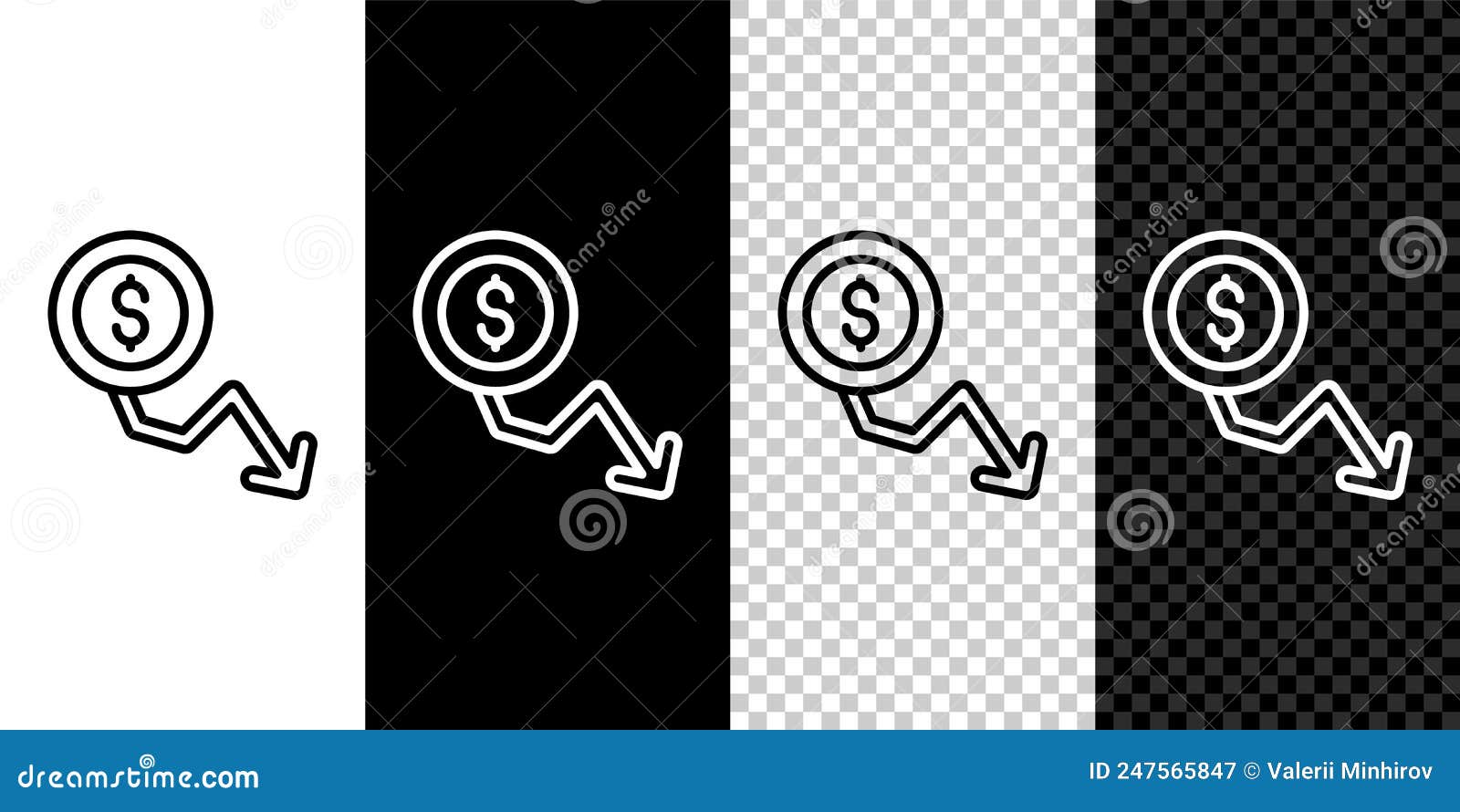 Set Line Dollar Rate Decrease Icon Isolated on Black and White, Transparent Background. Cost ...