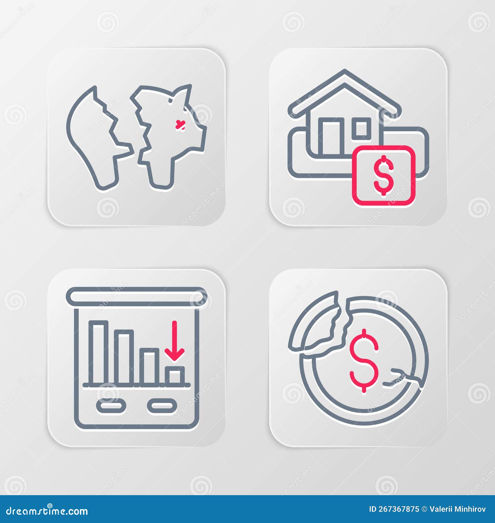 Set Line Dollar Rate Decrease, Pie Chart Infographic, Hanging Sign with Sale and Broken Piggy ...