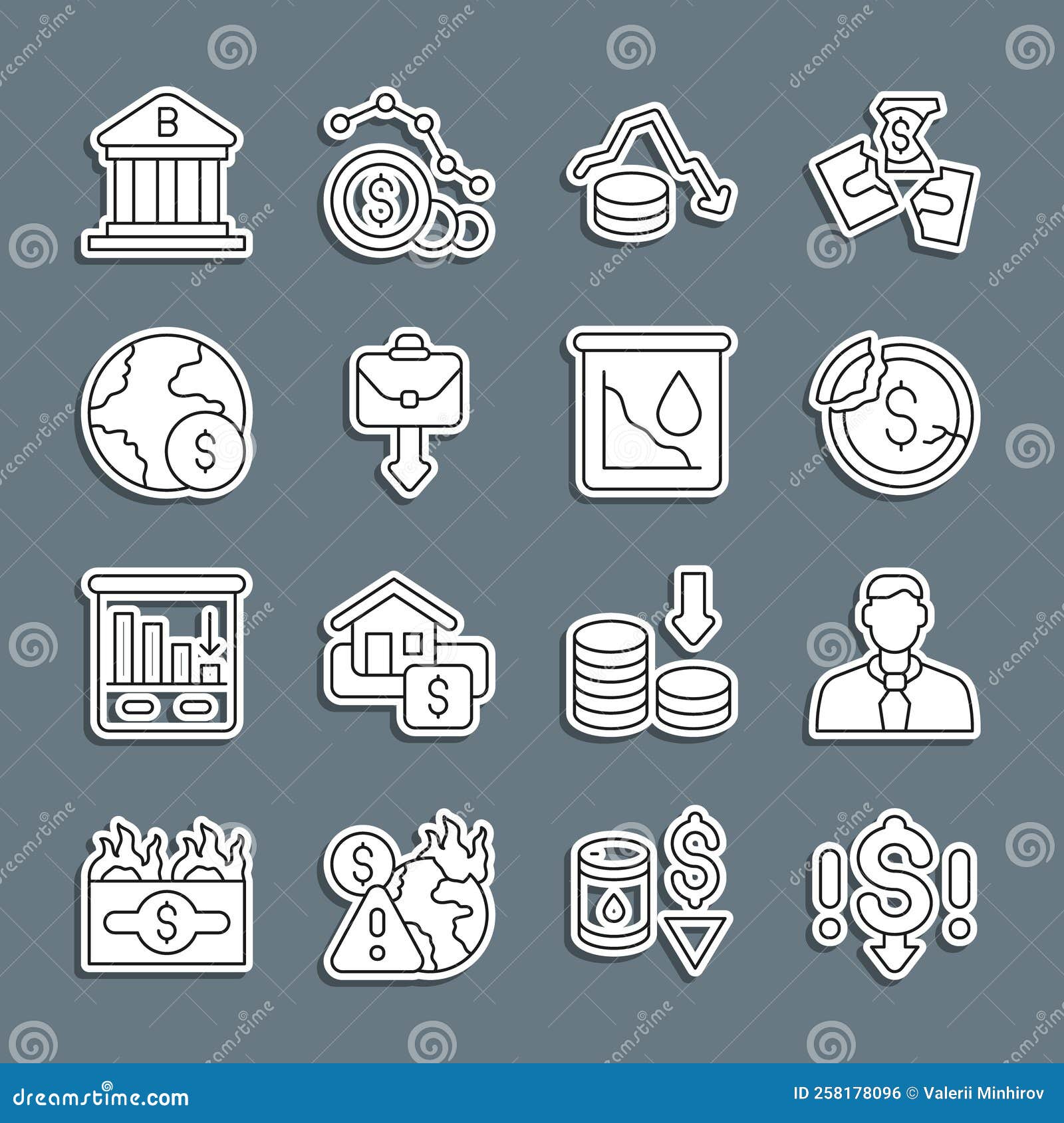 Set Line Dollar Rate Decrease, Worker, Briefcase, Global Economic Crisis, Bank Building and Drop ...