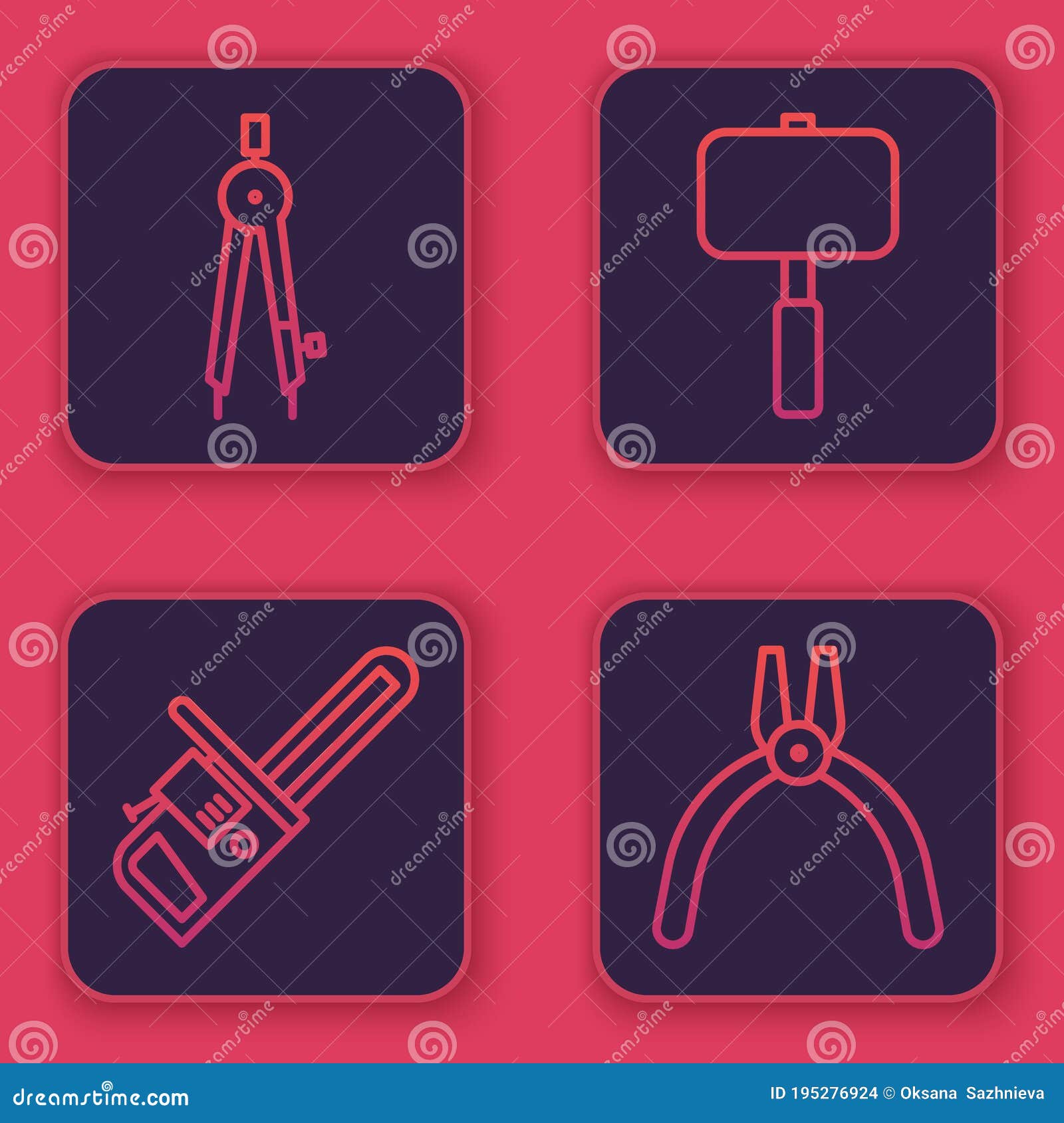 Set Line Drawing Compass, Chainsaw, Sledgehammer and Pliers Tool. Blue ...