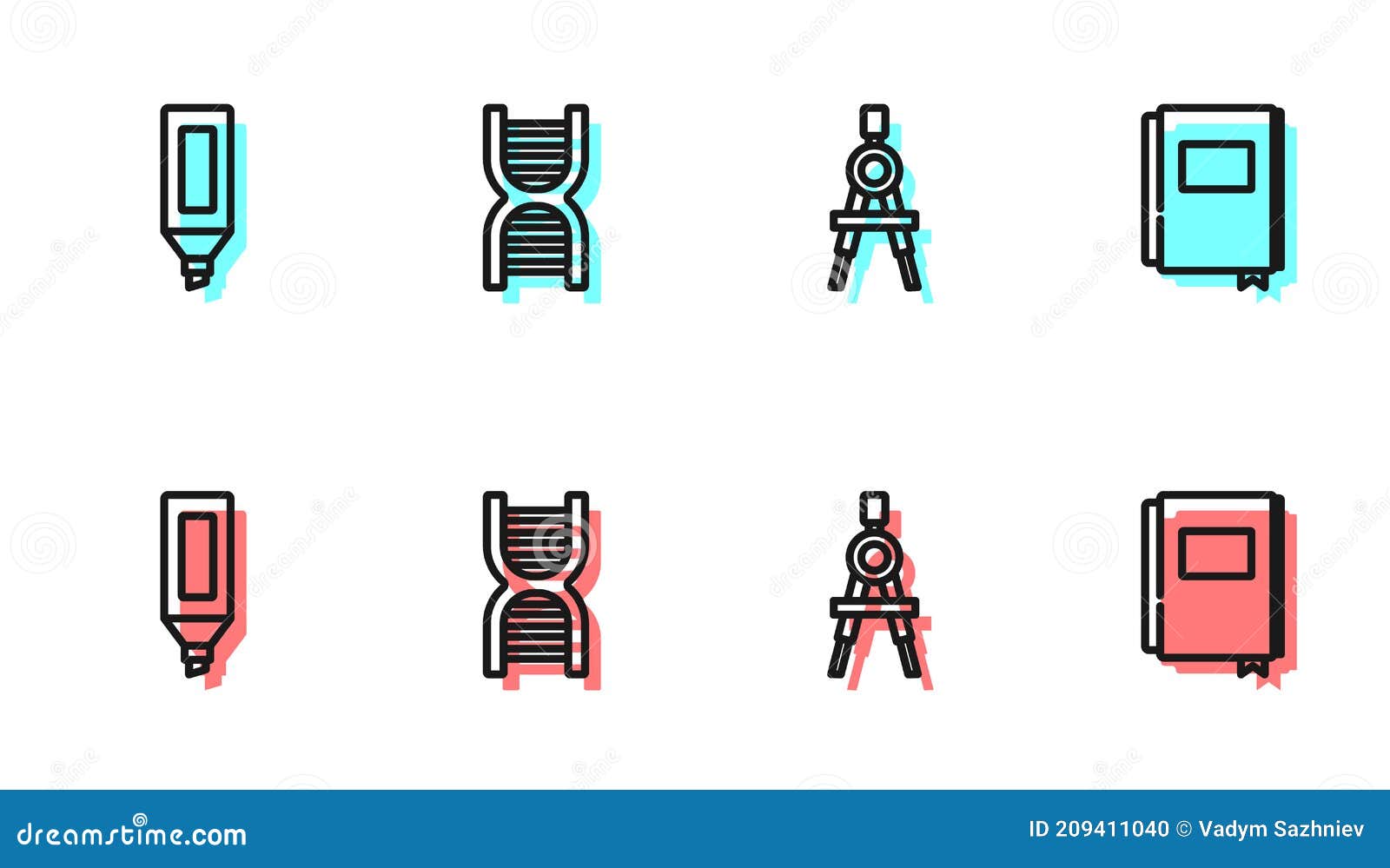 Set Line Drawing Compass, Marker Pen, DNA Symbol and Book Icon. Vector ...