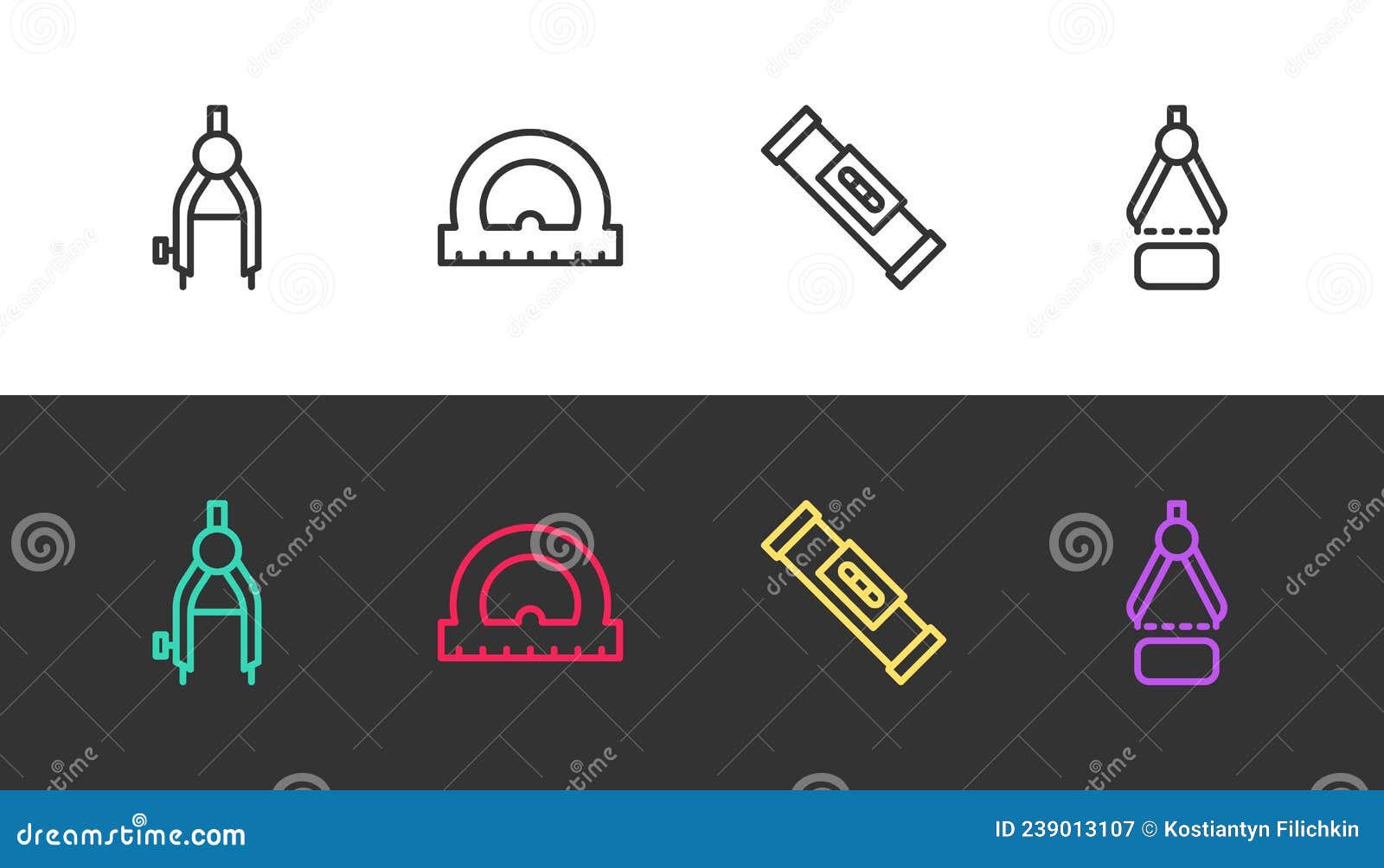 Set Line Drawing Compass, Protractor, Construction Bubble Level and on ...