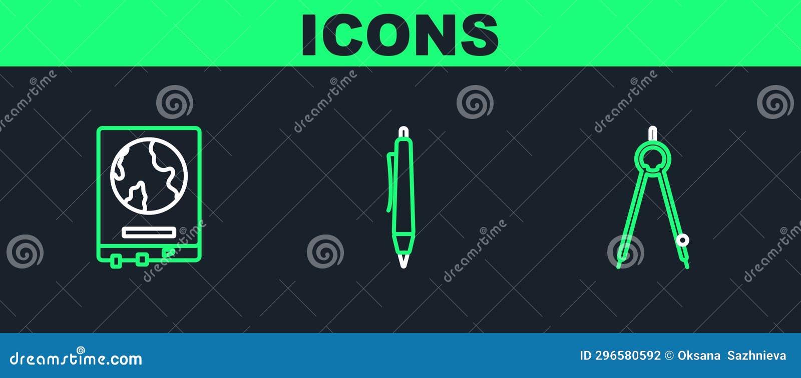 Set Line Drawing Compass, World Map on School Blackboard and Pen Icon ...