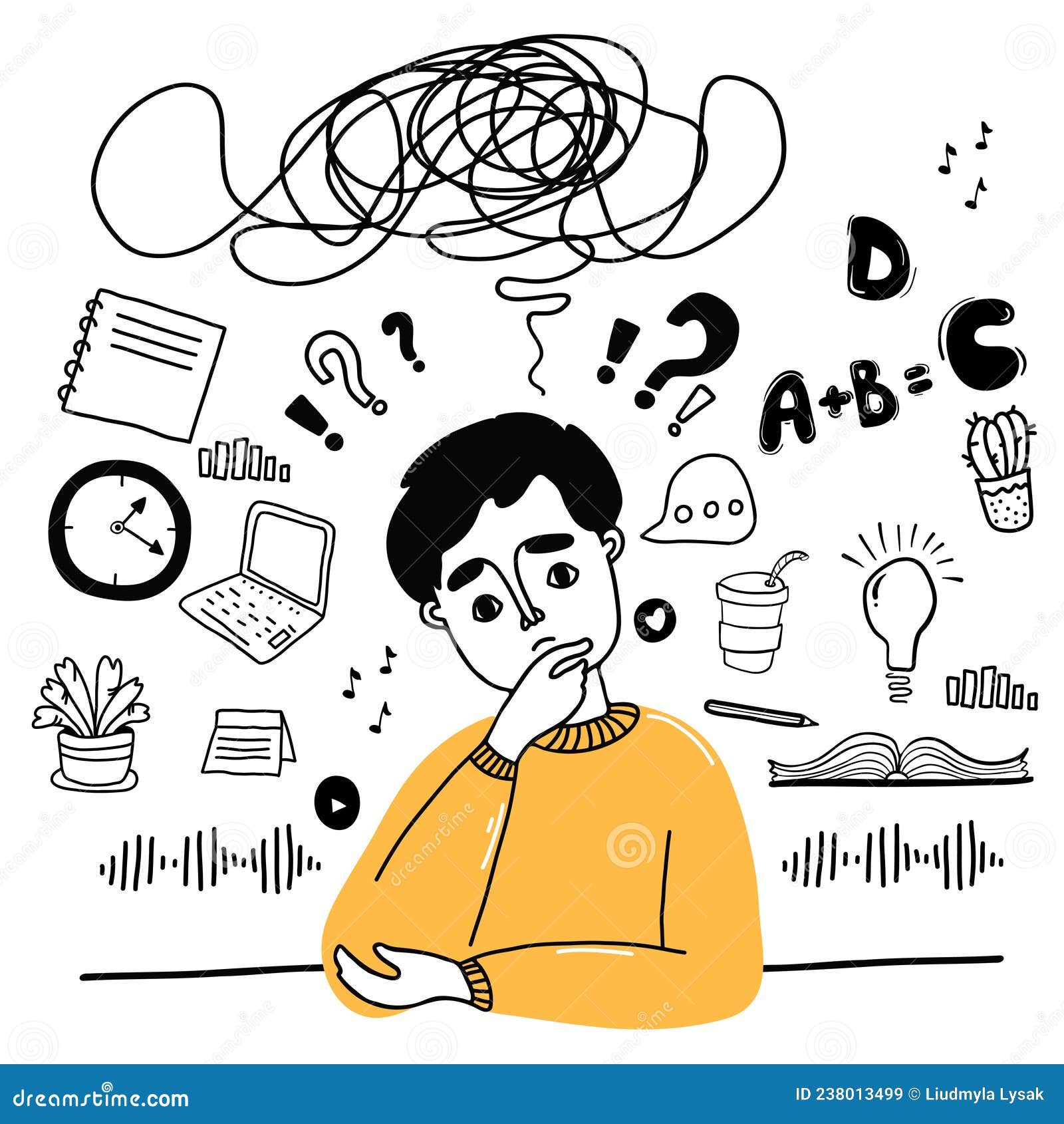 Set of Line Drawings about Thoughts and Tasks. Pensive Man, Thoughts ...