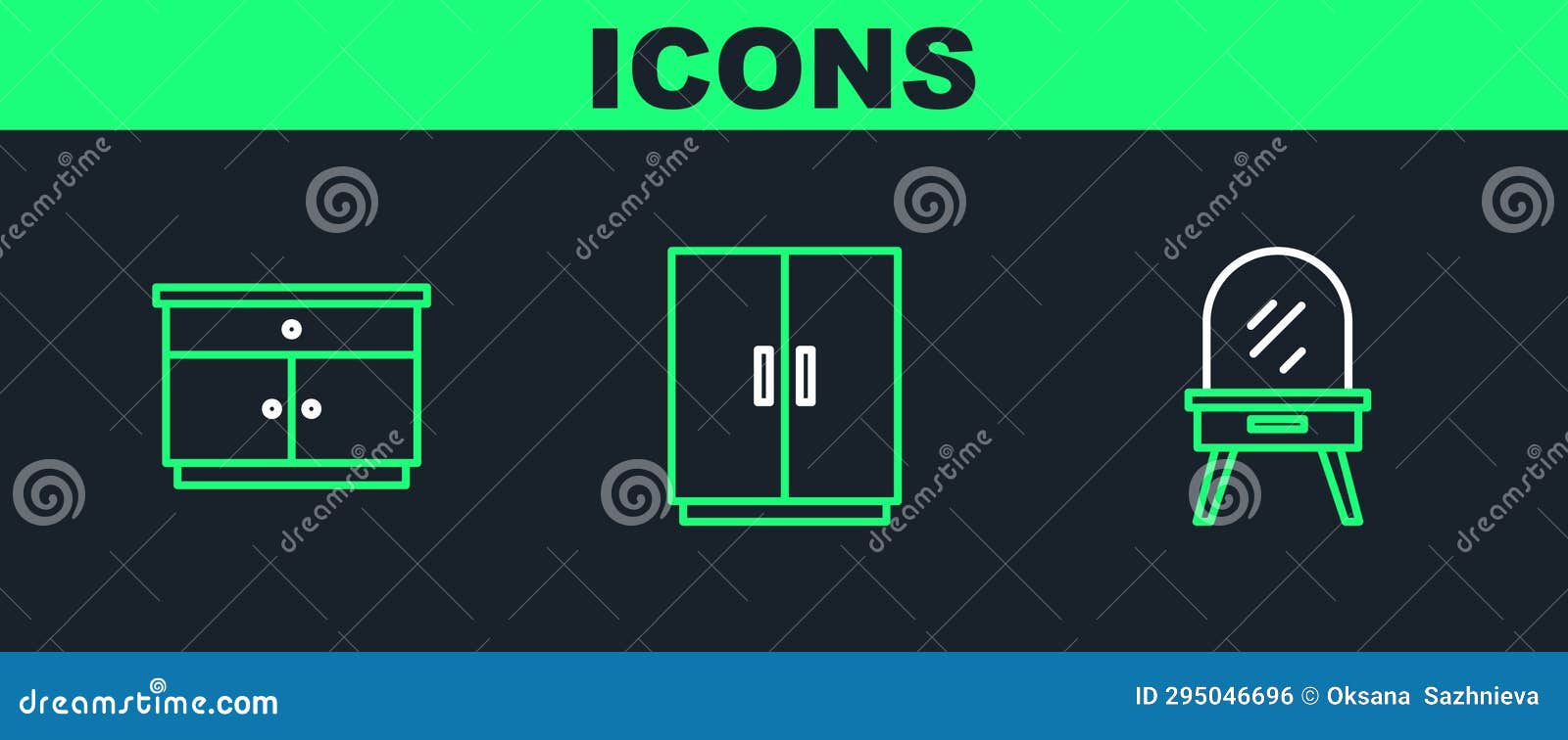 Set Line Dressing Table, Furniture Nightstand and Wardrobe Icon. Vector ...