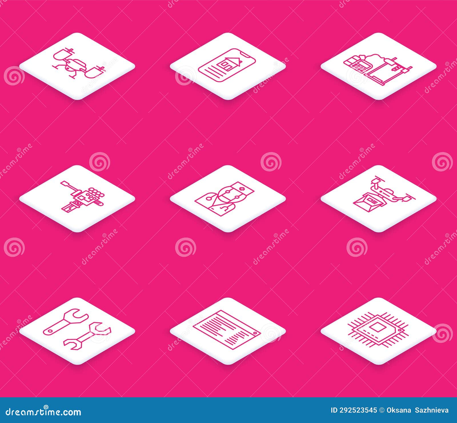 Set Line Drone Flying with Action Camera, 3D Printer, Mechanical Robot Hand and Screwdriver ...